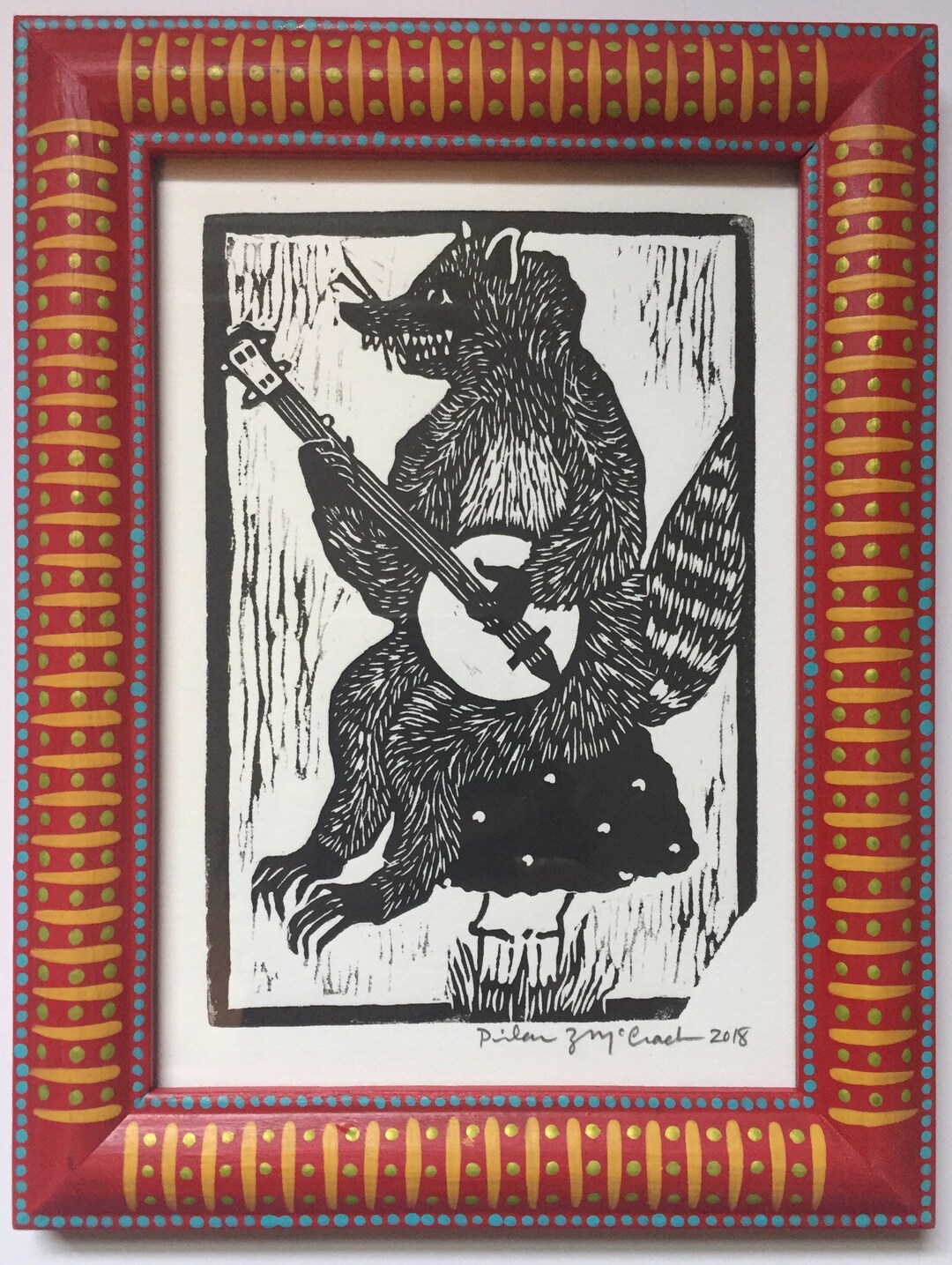 Raccoon Playing Banjo Linocut Print in Decorated Frame - Etsy
