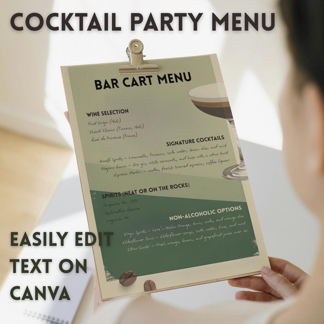 Editable Bar Cart Menu Printable – Wine, Cocktails, Spirits & Mocktails ...