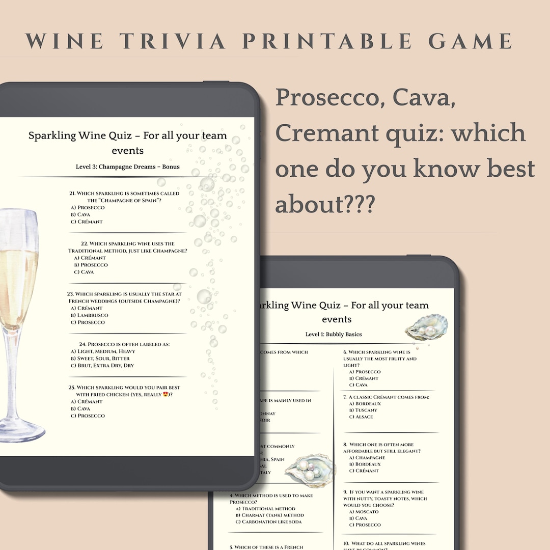 Wine Trivia Printable Game | Sparkling Wine Quiz Prosecco Cava Crémant ...