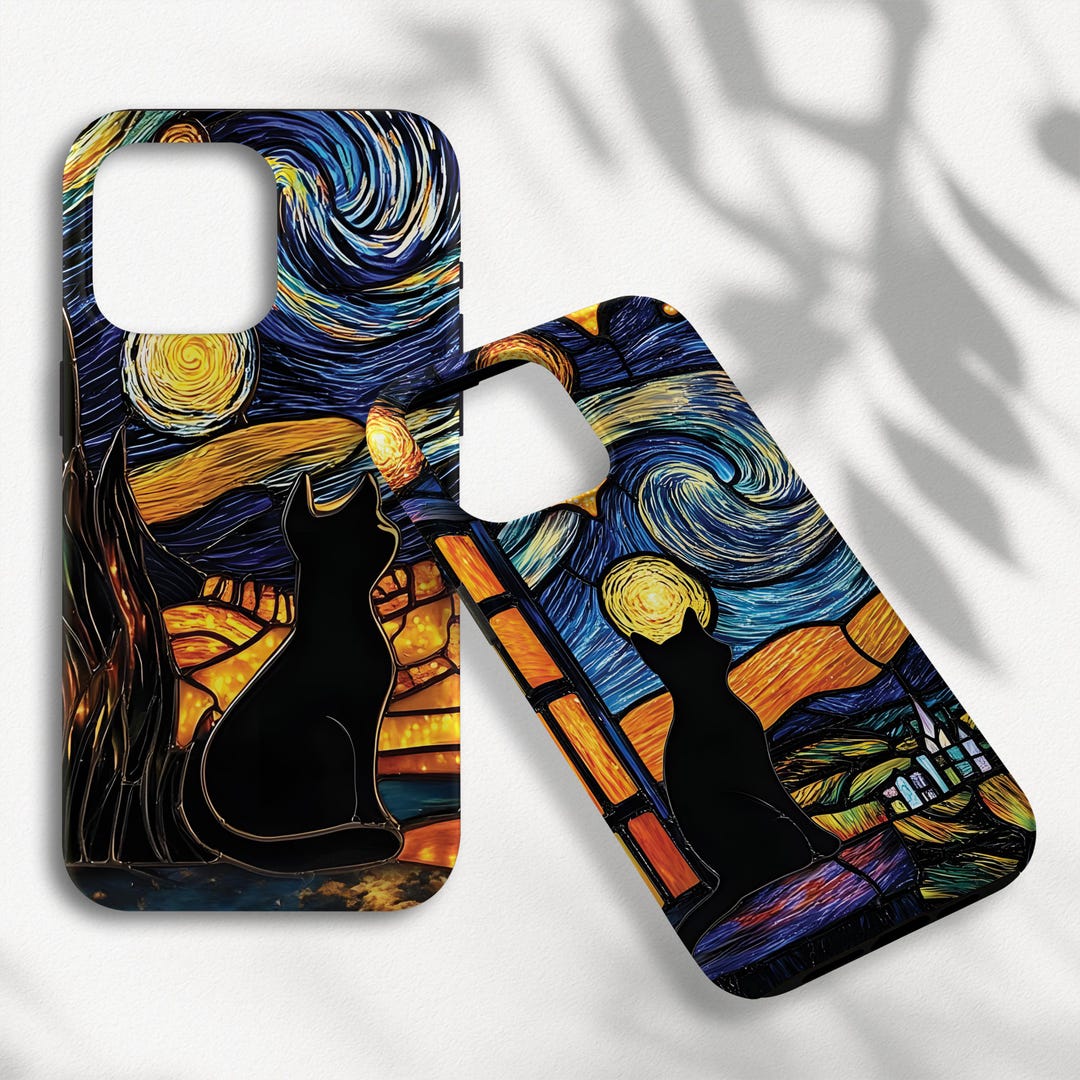 Starry Night Cat Phone Case, Black Cat Art Phone Cover, Stained Glass ...