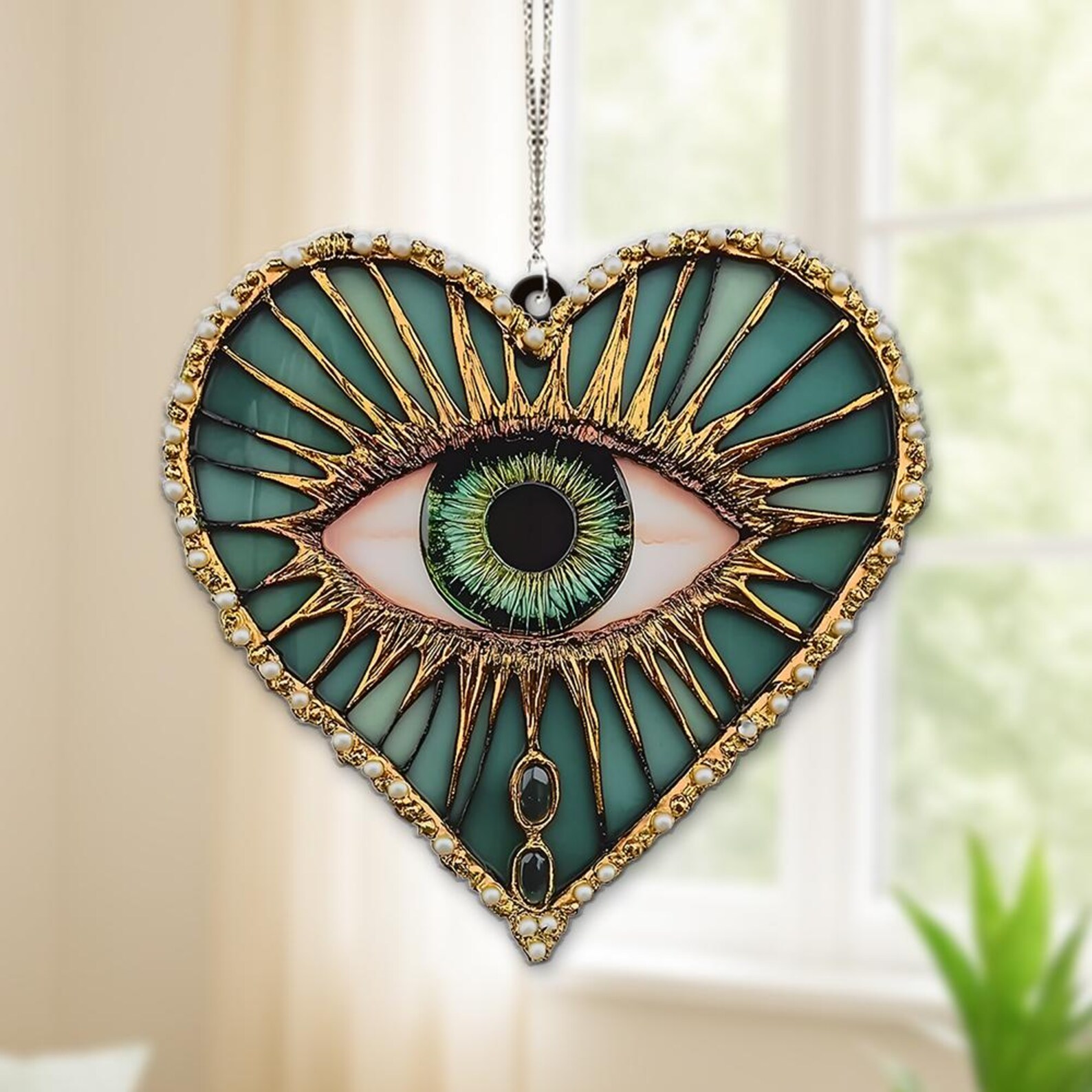 Psychedelic Heart Eye Acrylic Suncatcher, Green Heart Window Hanging ...