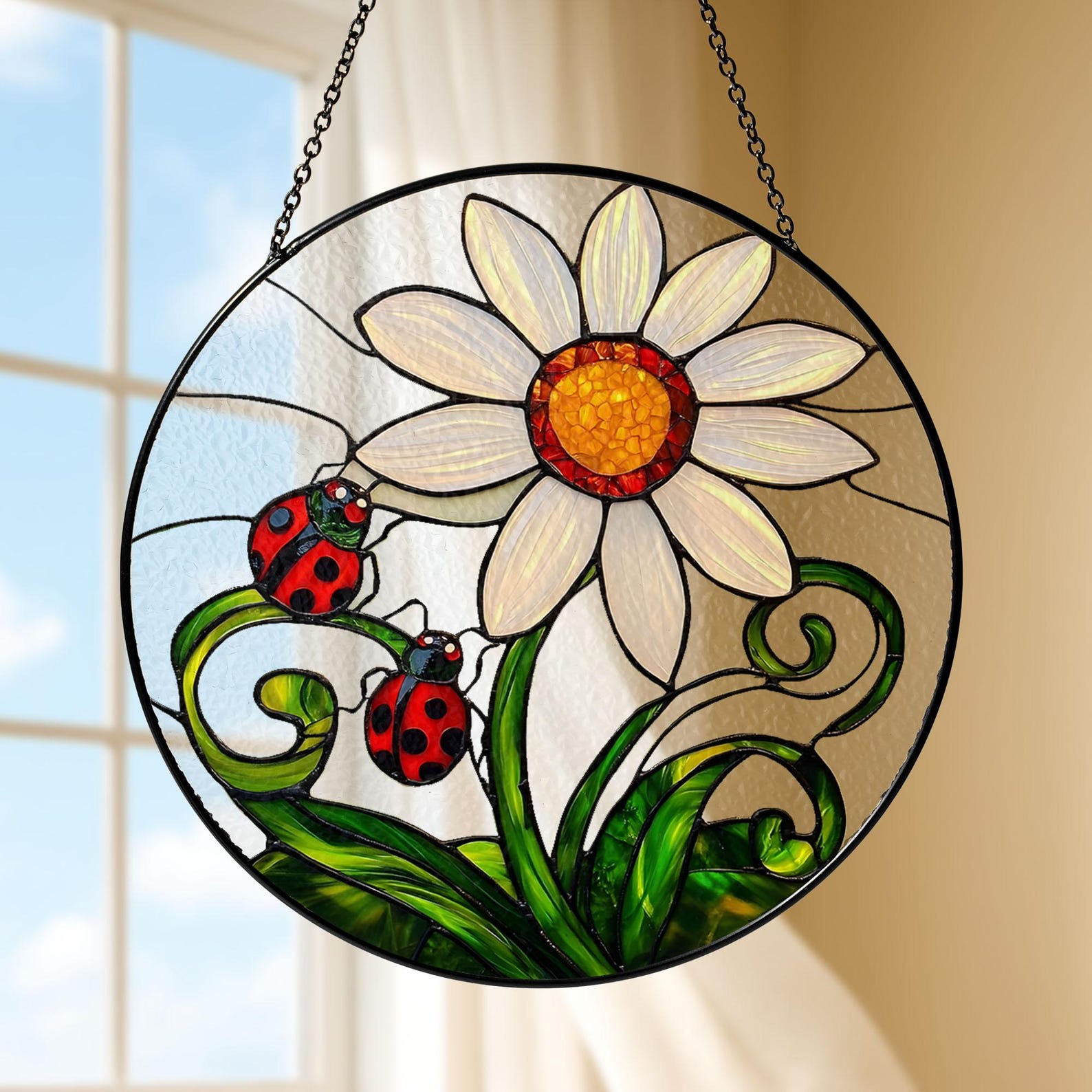 Daisy With Ladybugs Stained Glass Suncatcher, Window Hanging, Whimsical ...