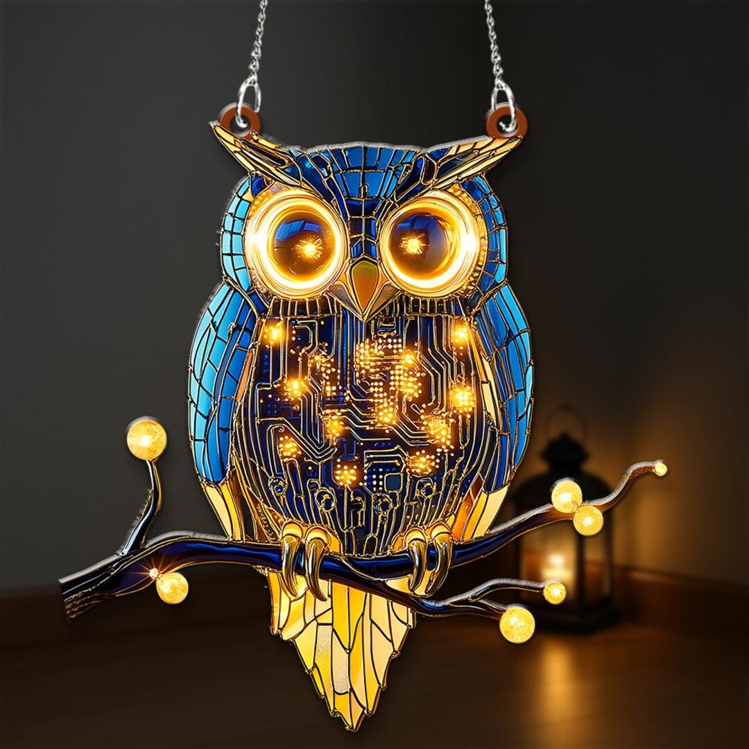 Cyber Owl Acrylic Suncatcher, Light-up Tech Owl Window Decor, Circuit ...