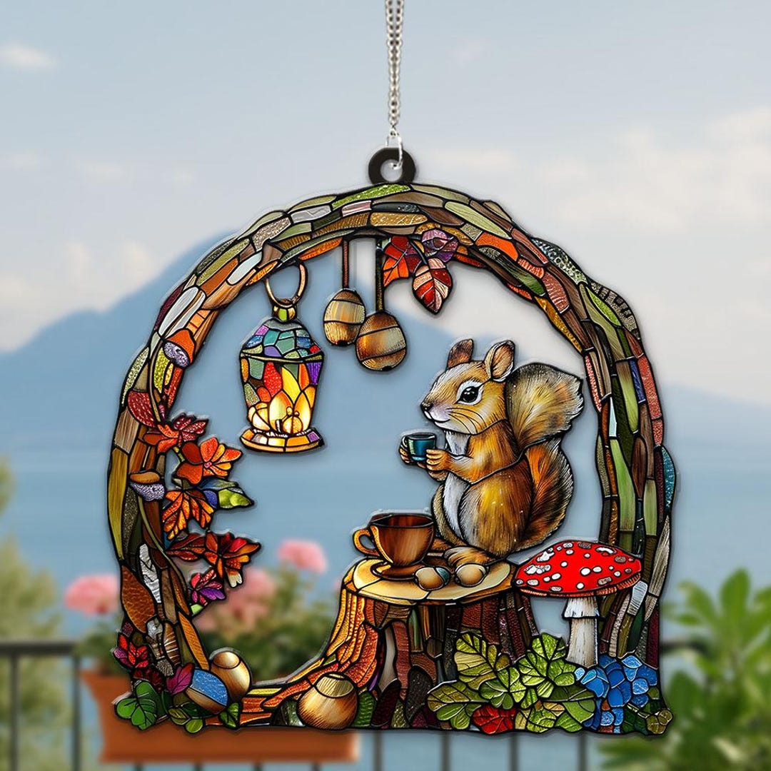 Faux Stained Glass Squirrel Suncatcher, Acrylic Squirrel Window Hanging ...