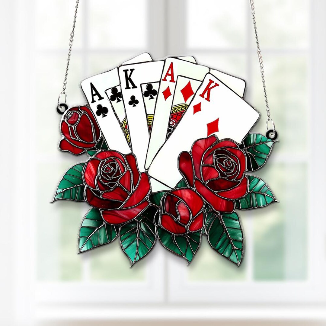 Poker Cards With Roses Acrylic Suncatcher, Casino Style Window Hanging ...