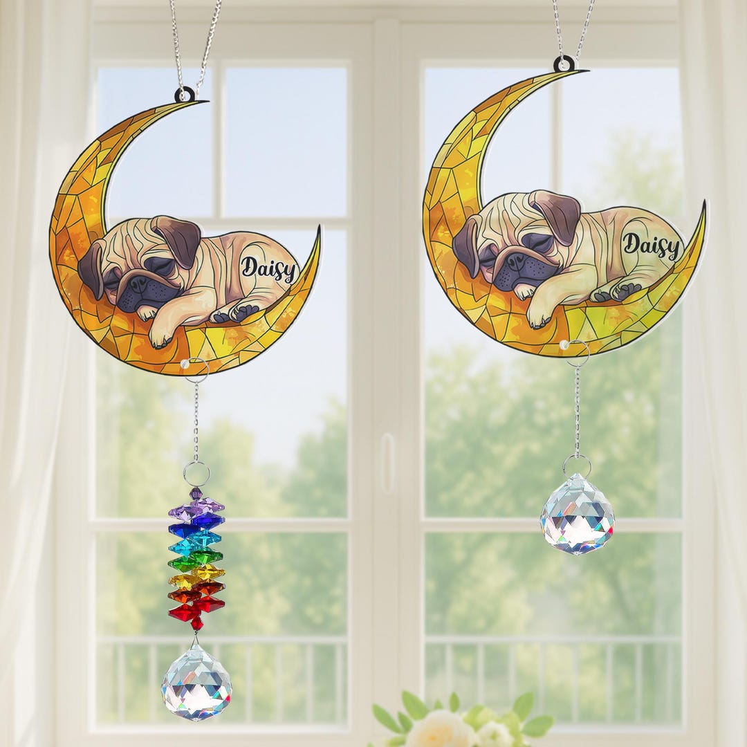Custom Dog on the Moon Crystal Charm, Pug Window Hanging, Memorial Dog ...