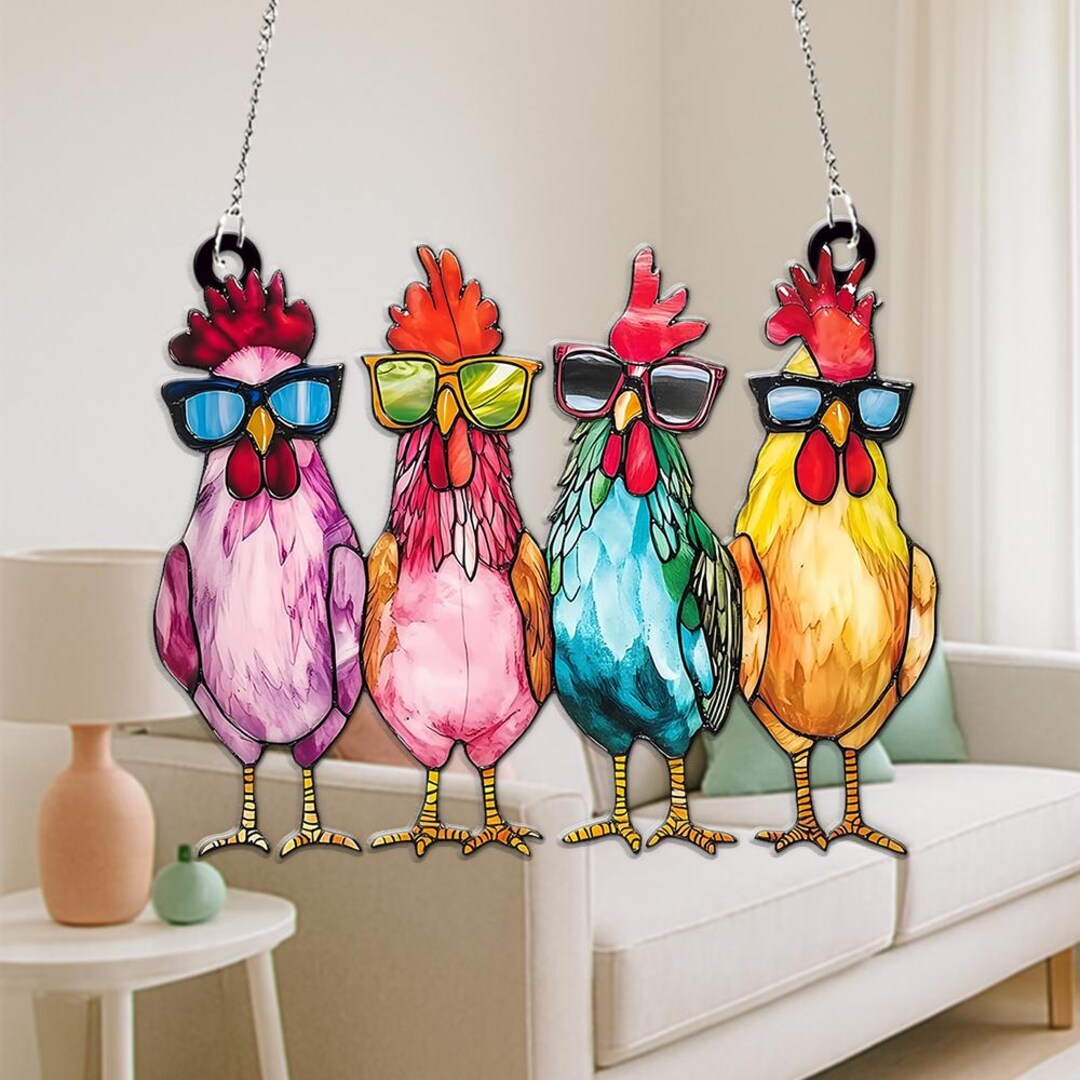Colorful Rooster Acrylic Suncatcher, Funny Farmhouse Window Hanging ...