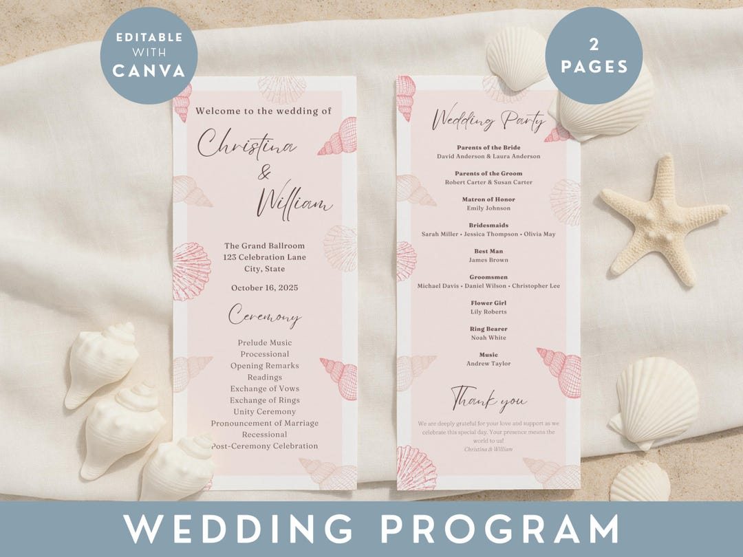 Beach Wedding Program Template for Summer Ceremony With Pink Theme ...