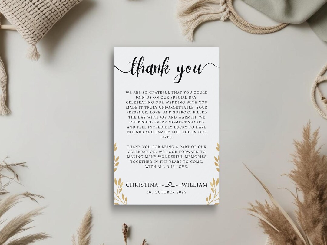 Thank You Card Wedding Thank You Table Card Printable Reception Thank ...
