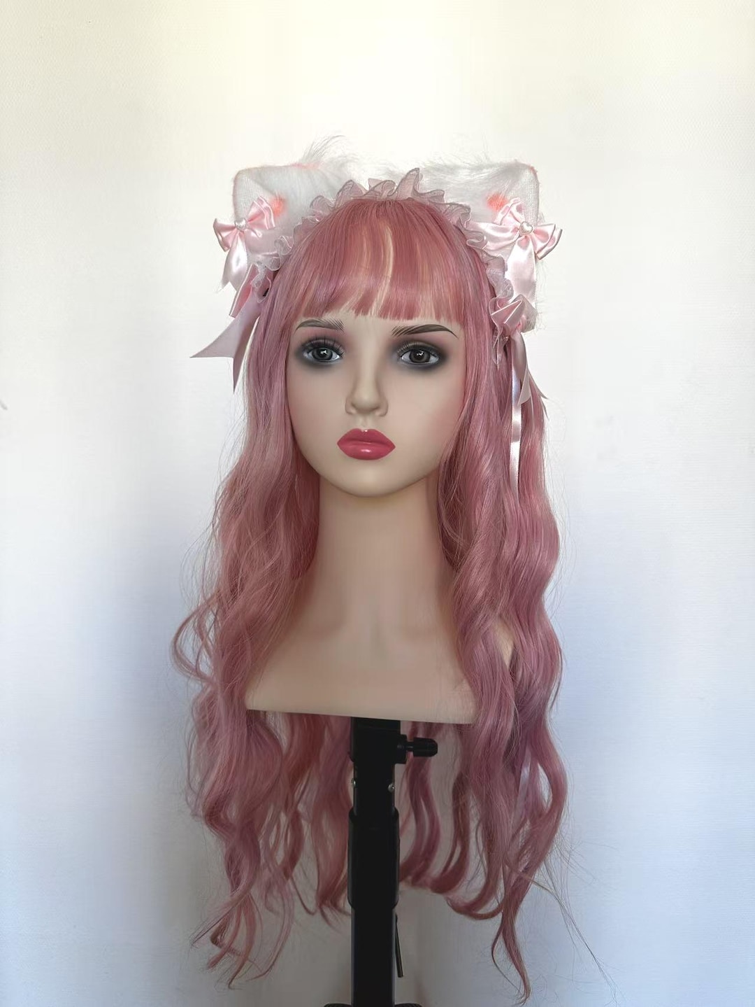 Light Pink Wavy Cat Ears Wig - Long Synthetic Hair With Bangs - Ideal ...