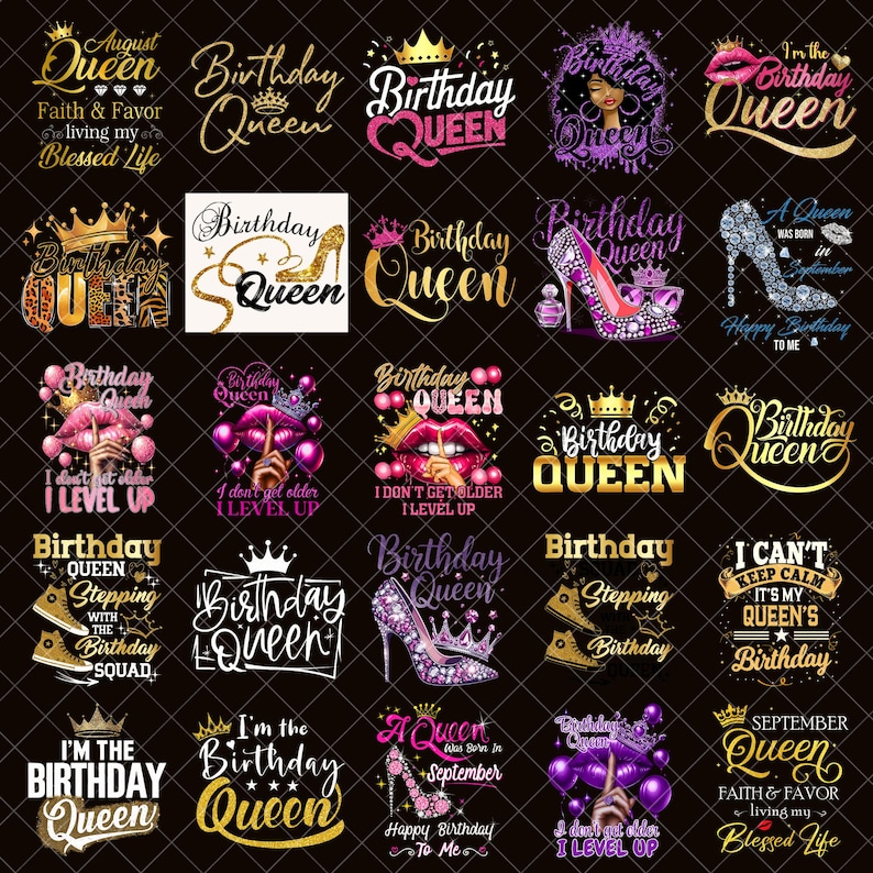 Birthday Queen PNG Bundle, Black Girl Magic Birthday Quotes, Glitter ...