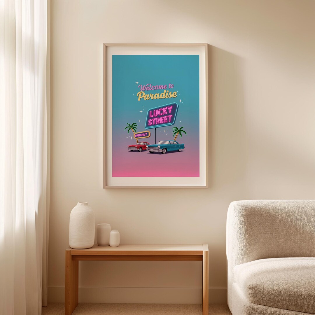 Retro Car Neon Sign Poster Printable Wall Art Lucky Street Aesthetic ...