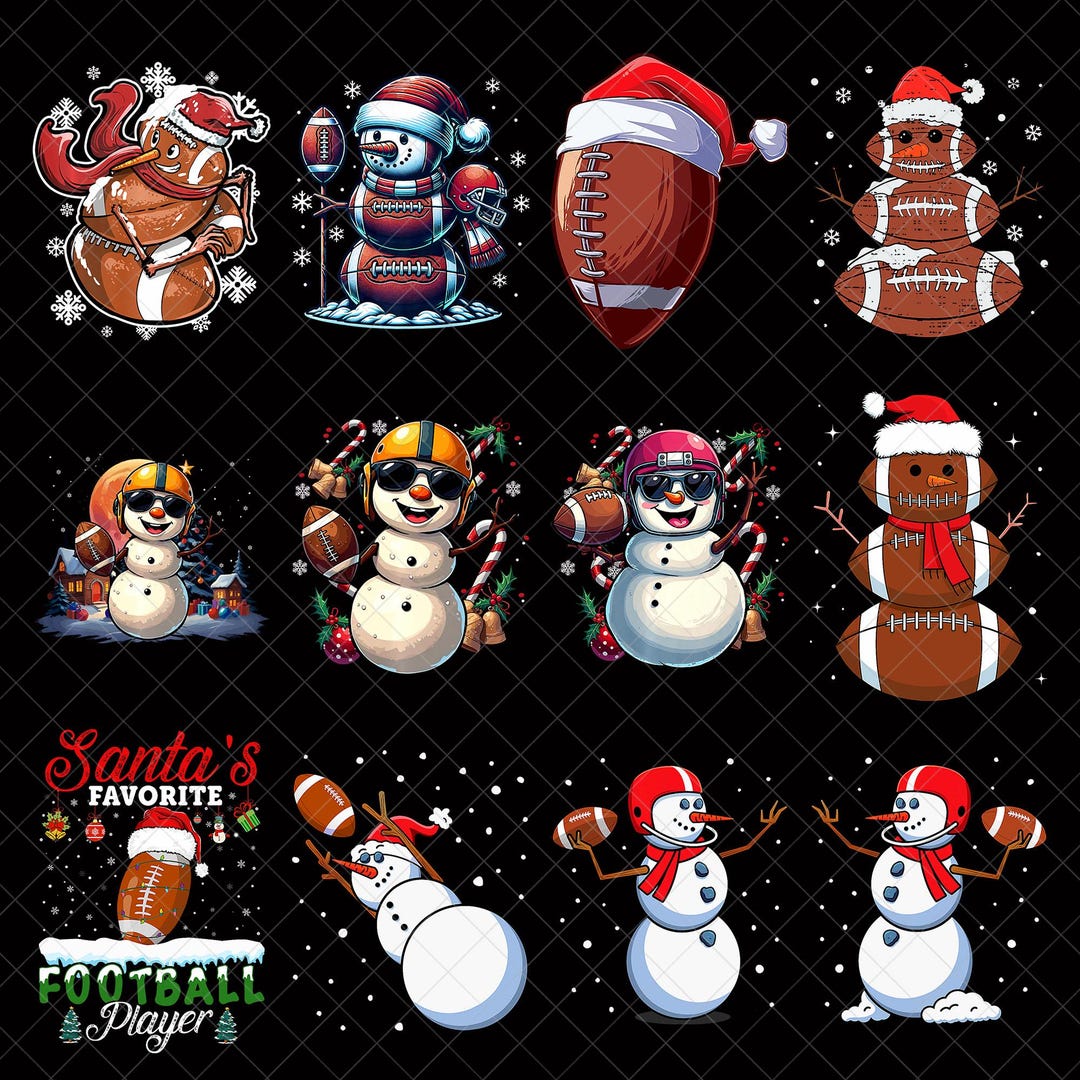 Snowman Football Player PNG Bundle, Christmas Sports Snowman Santa Hat ...