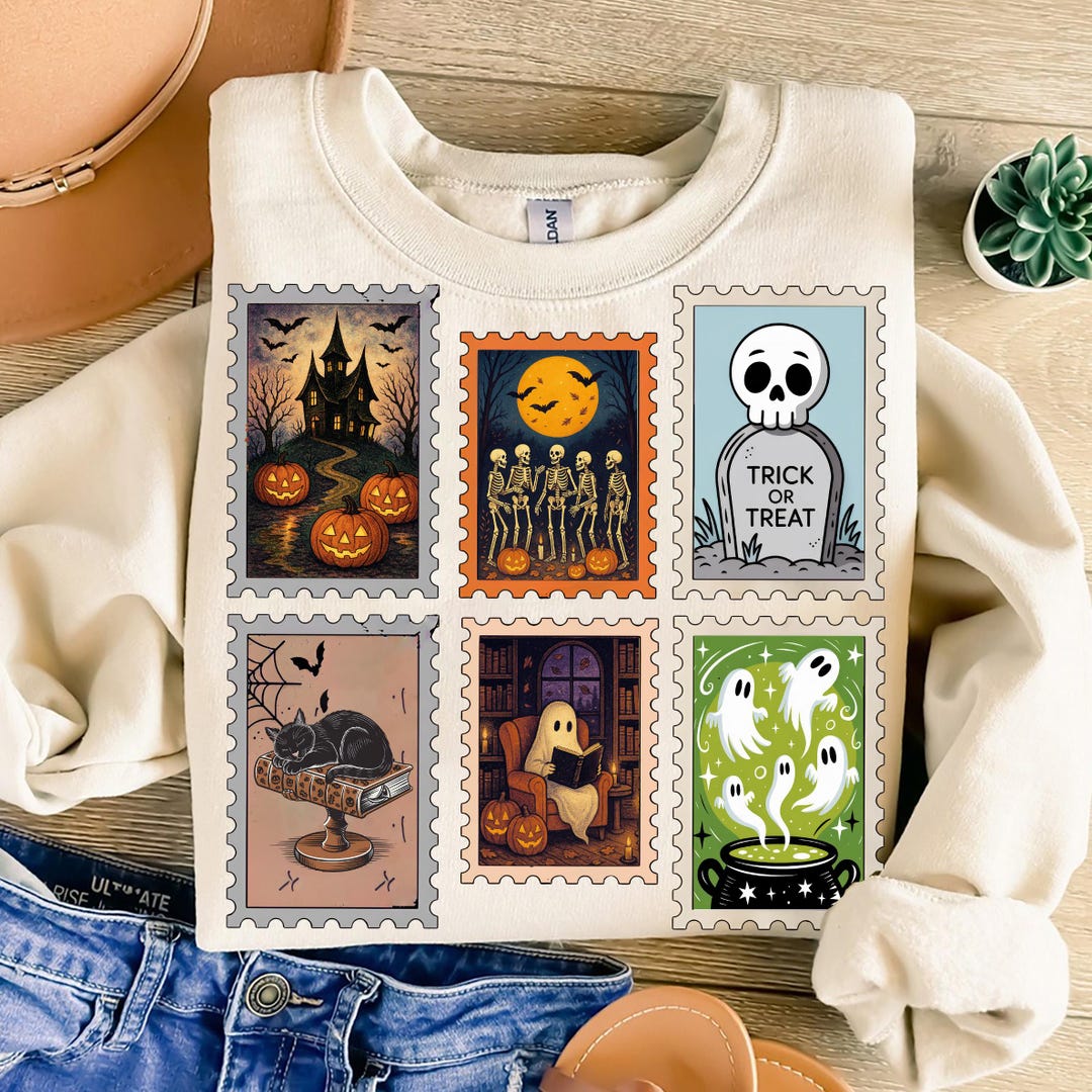 Halloween Postage Stamp PNG, Retro Spooky Sublimation, Cute Ghost Cat ...