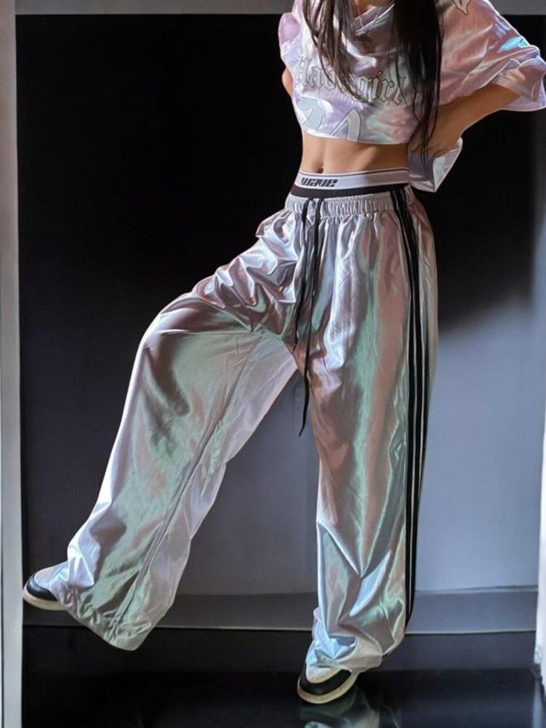 Satin Wide Leg Track Pants; High Waist Striped Joggers; Shiny ...