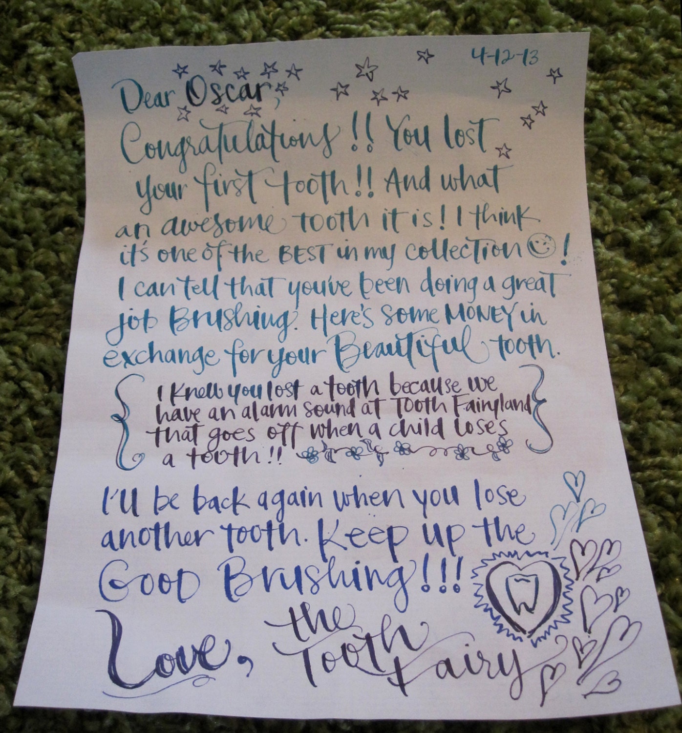Personalized Tooth Fairy Letter in Hand Written Calligraphy for Child's ...