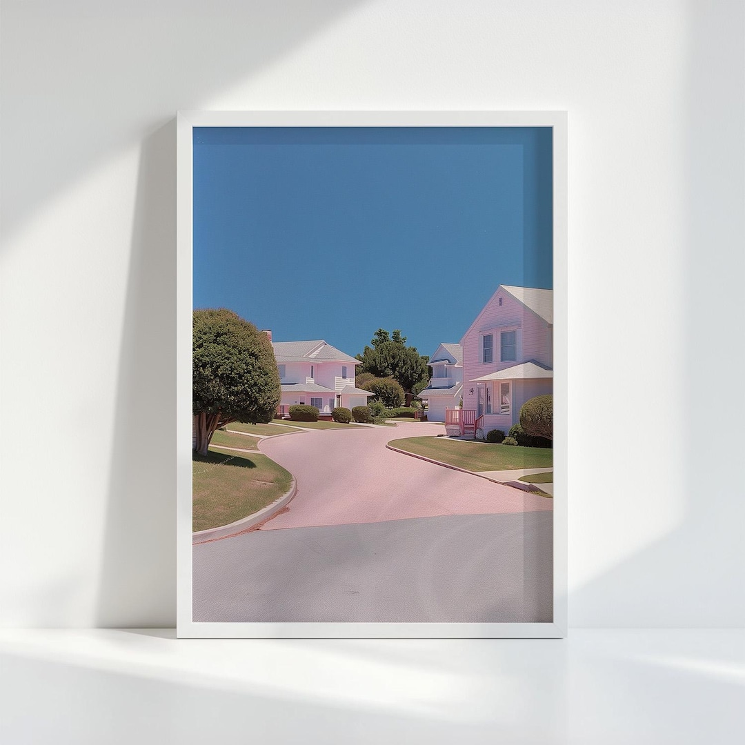 Dreamcore Neighborhood Wall Art Print - Pink Suburban Street Poster ...