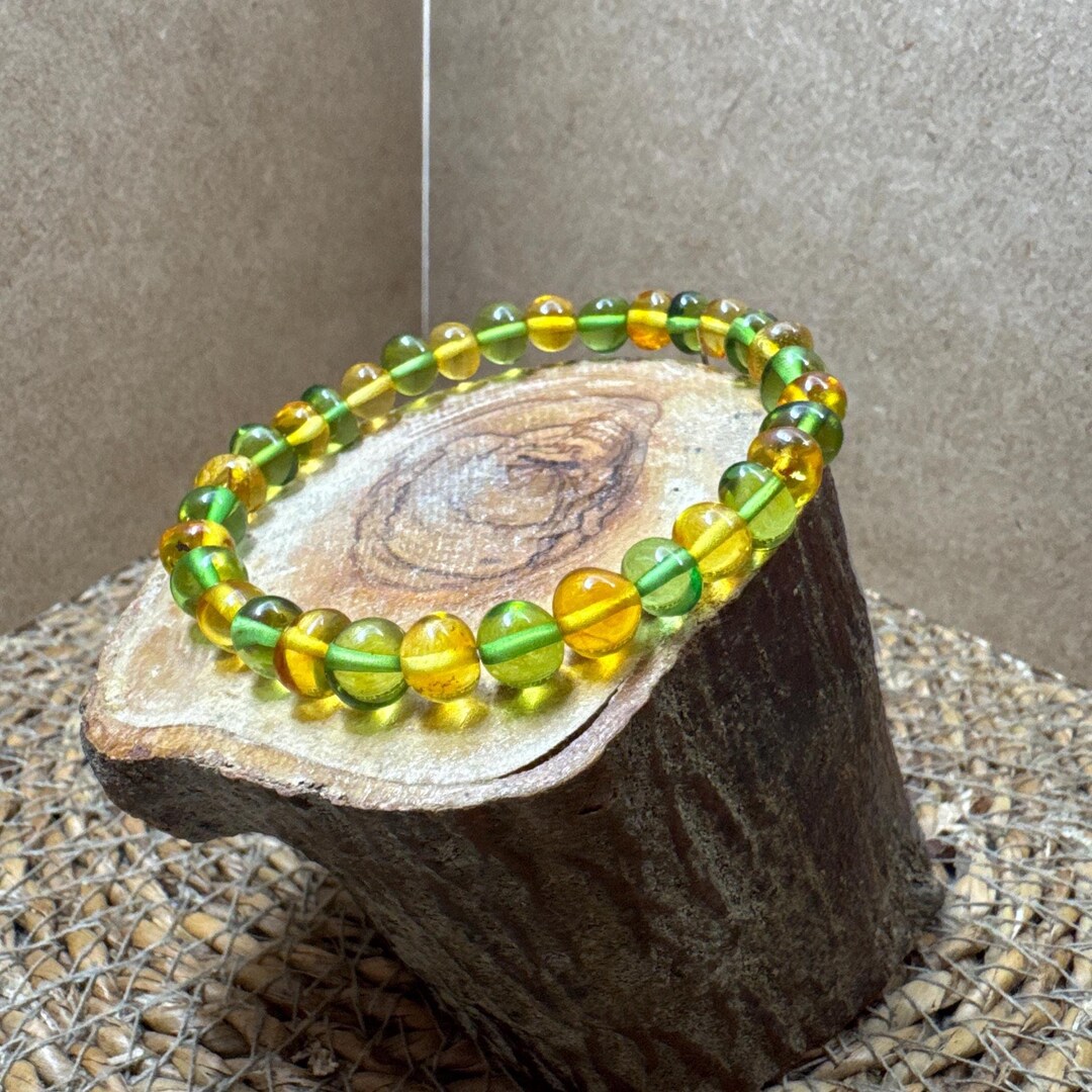 100% Polished Green Yellow Amber Bead Bracelet - Bright Natural Amber ...