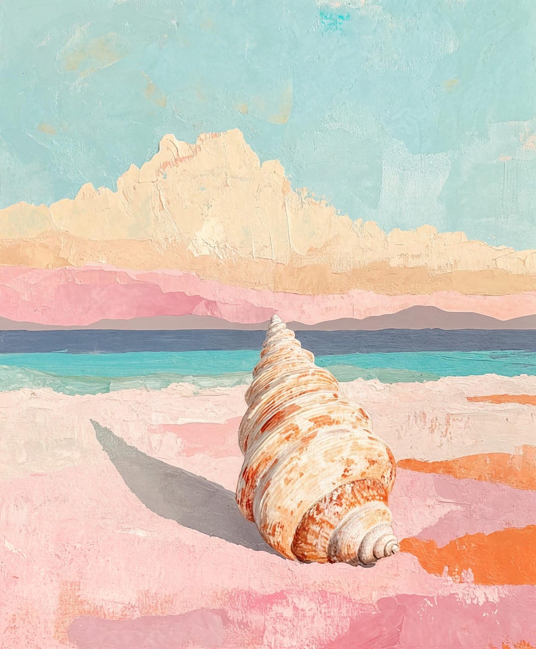 Seashell Beach Art Print, Coastal Wall Decor, Pastel Ocean Painting ...