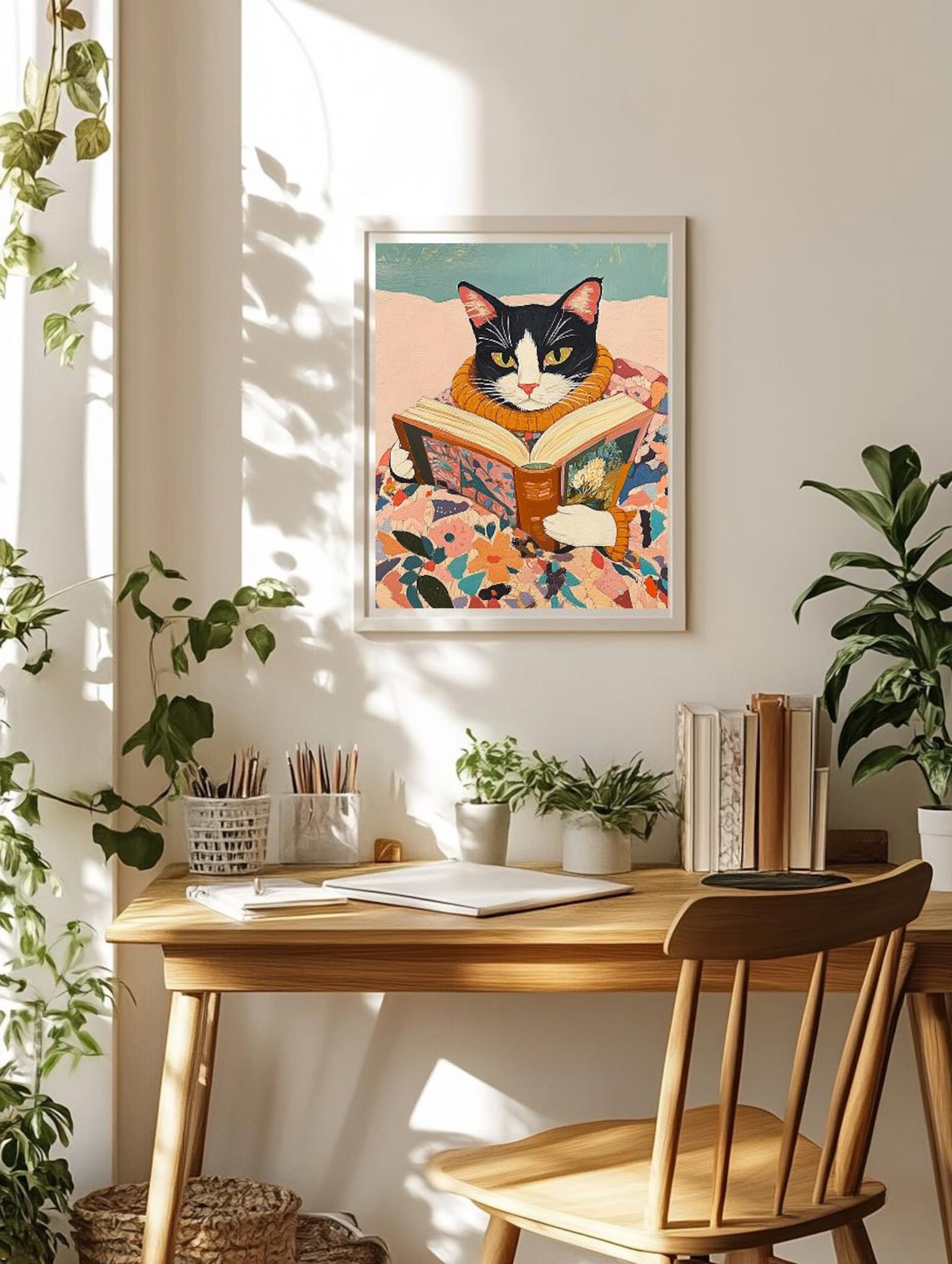 Black Cat Reading Book – Printable Cat Poster PNG | Literary Cat Art ...