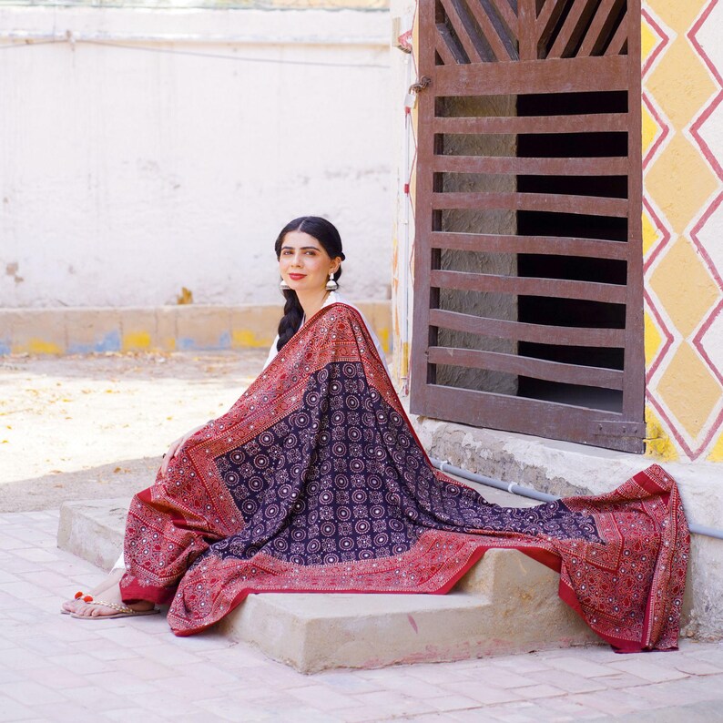 Handblock Printed Ajrak Shawl: 2-tone Black Cotton Scarf - Etsy
