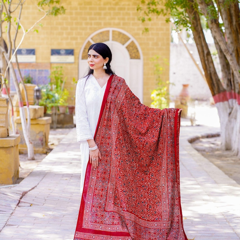 Handmade Maroon Kohsar Ajrak Shawl – Pure Cotton, Natural Dyes, Block ...