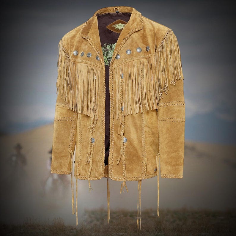 Men's Western Wear Suede Leather Fringe Jacket With Lacing, Native ...