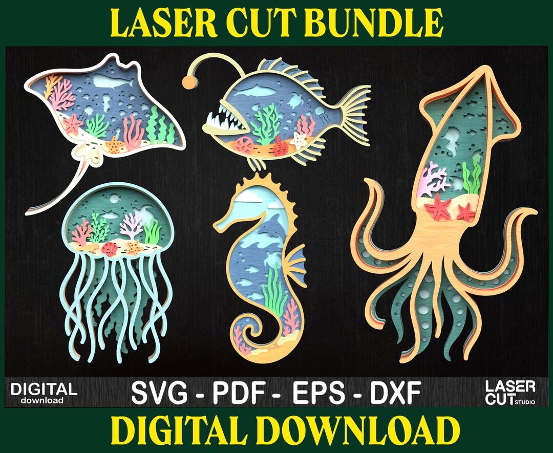 3D Ocean Animals Layered SVG Bundle | Sea Creatures Laser Cut Files ...