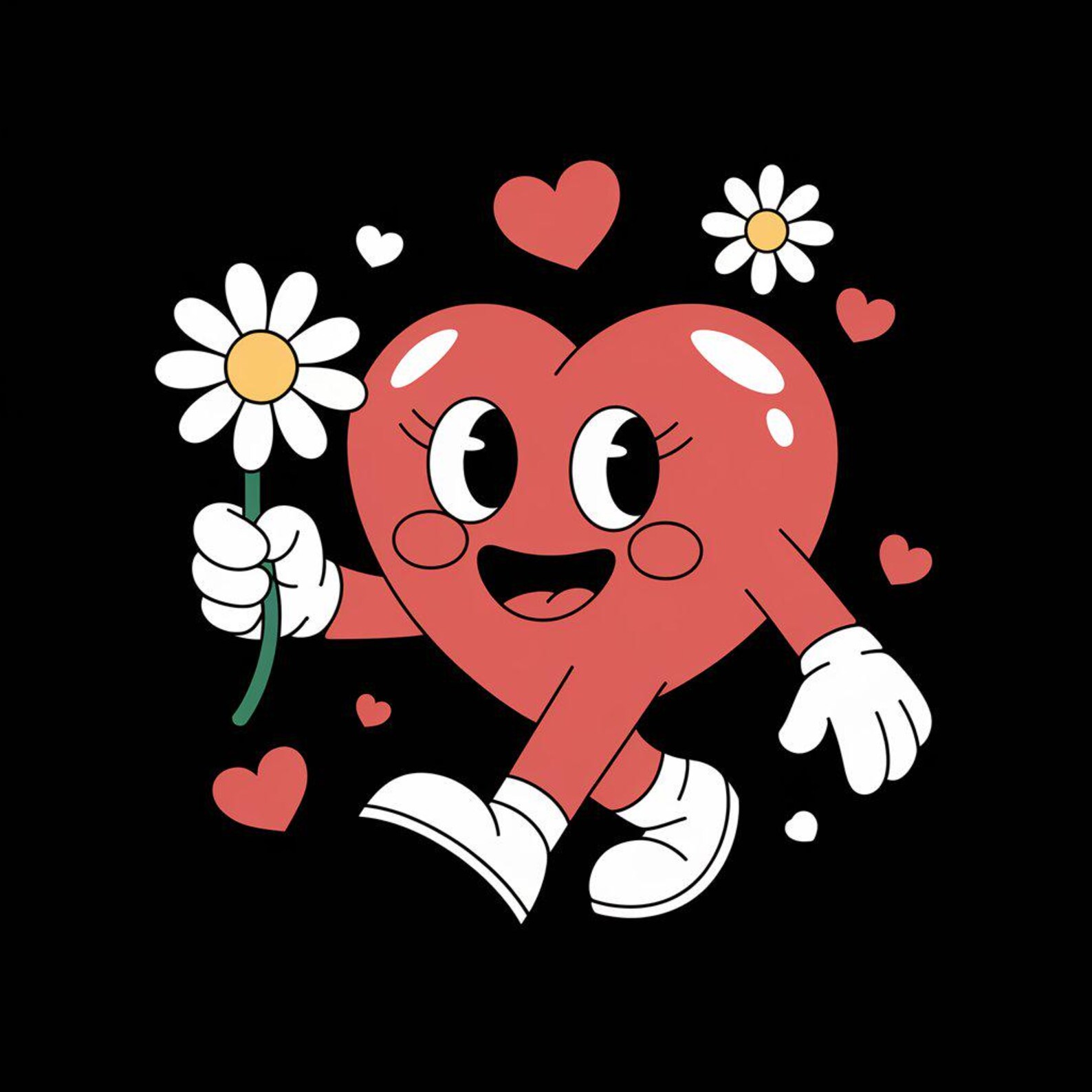 4 Retro Heart Mascot Pngs - Cute Walking & Smiling With Daisy, Hearts ...