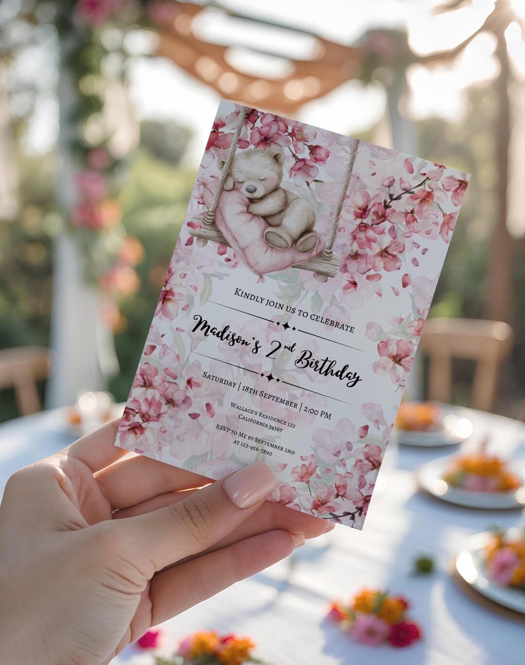 Teddy Bear Birthday Invitation, Cherry Blossom Birthday Invitation ...