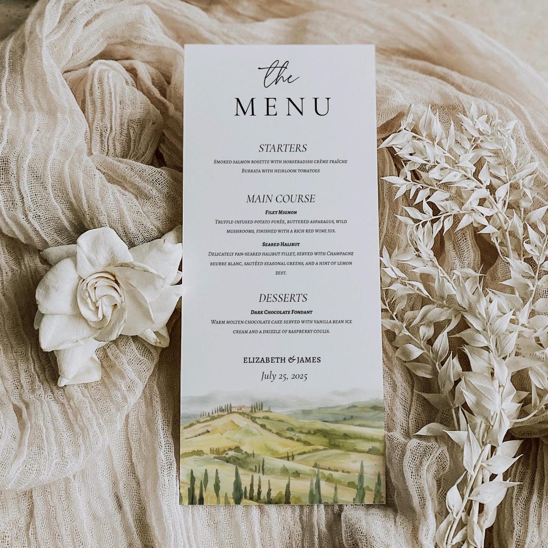 Menu Card 4x9 Inch With Landscape | Printable Tuscany Wedding Menu ...