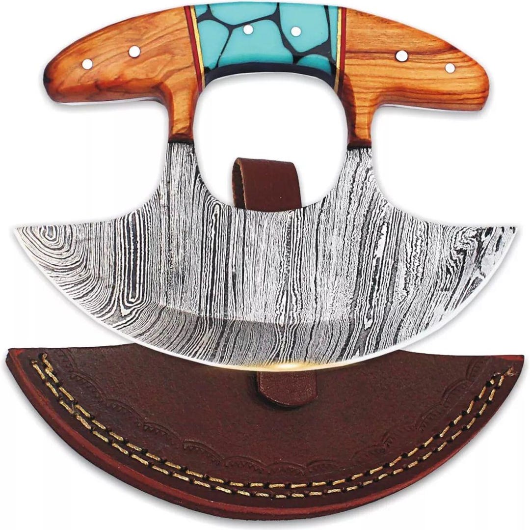 Hand Forged Damascus Steel Ulu Knife: Alaskan Pizza Cutter, Leather ...