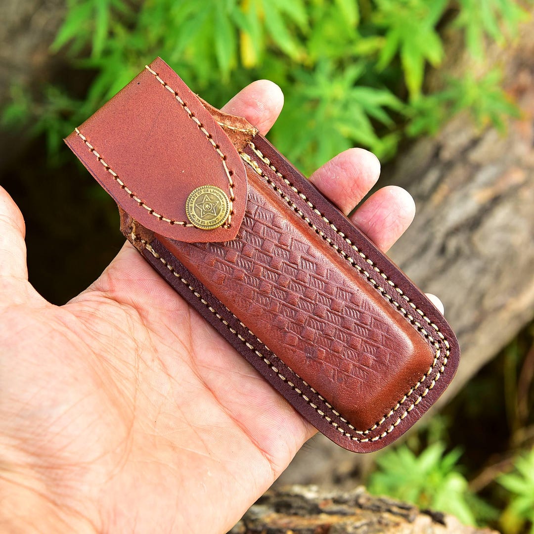 Custom Handmade Genuine Engraved Leather Sheath for 5" Folding Pocket ...