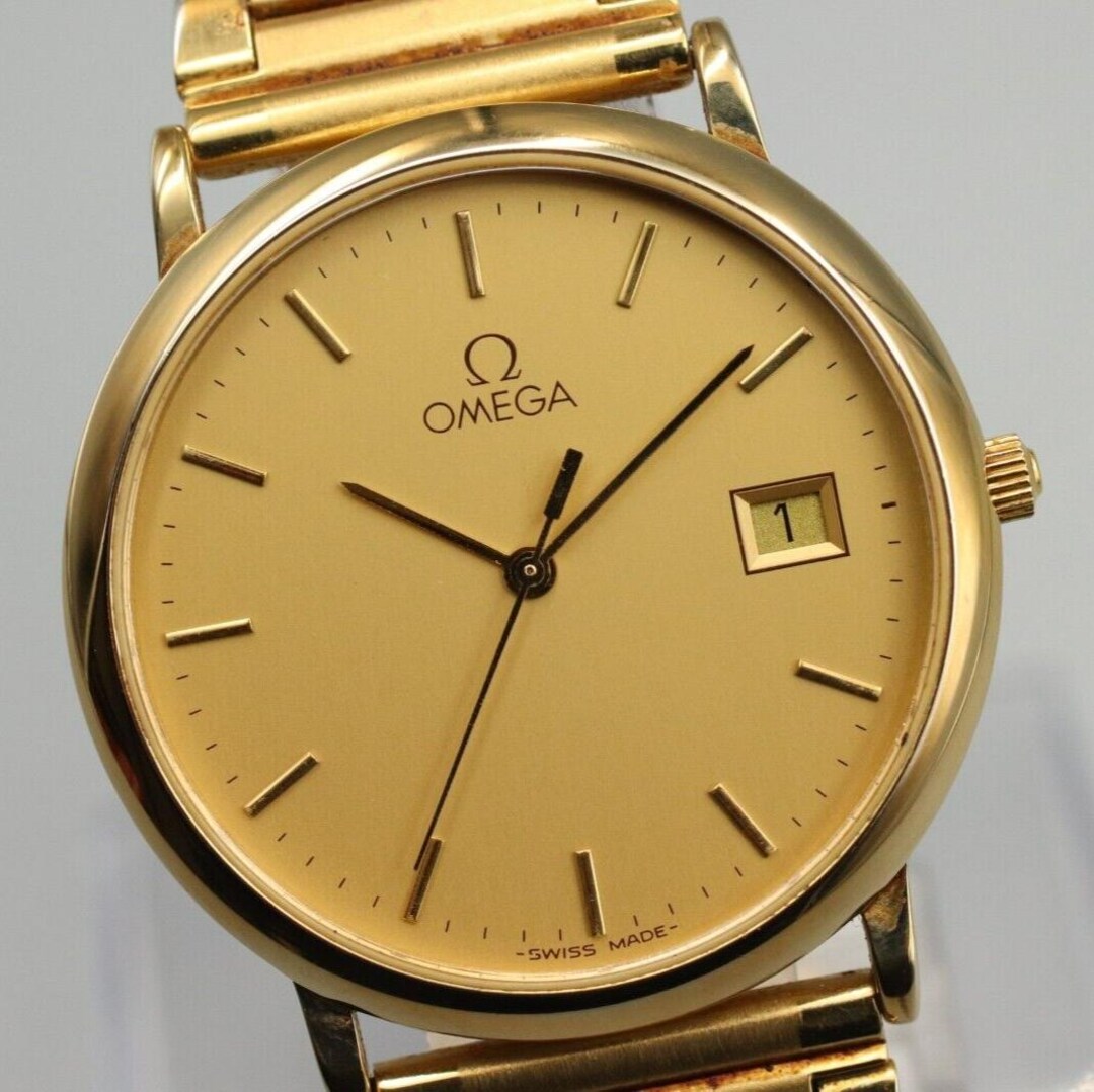 MINT* Vintage OMEGA De Ville Cal.1430 Quartz Gold Dial Date Round Mens ...