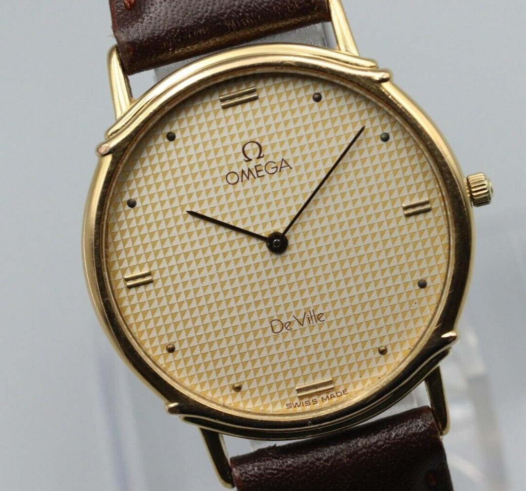 Rare *N MINT* Vintage OMEGA De Ville Cal.1455 Quartz Gold Dial Round ...