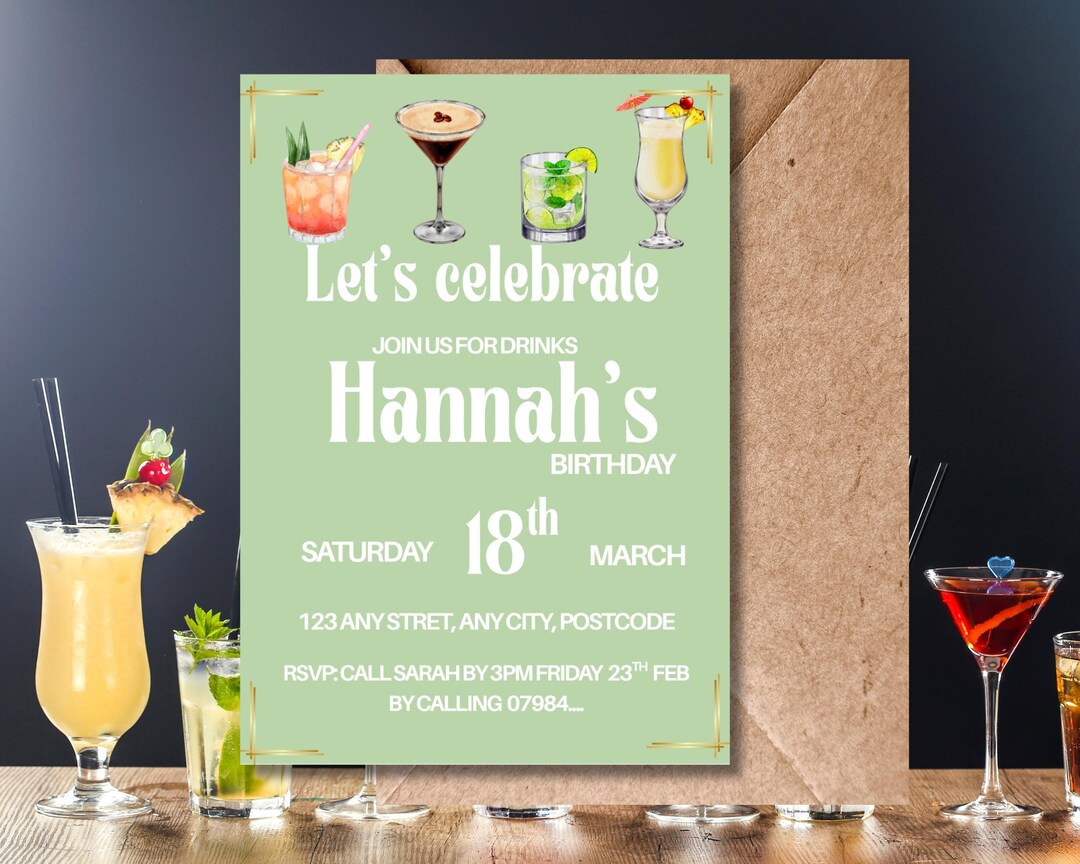 Editable Cocktail Birthday Invitation. Drinks Party Invite, Modern ...