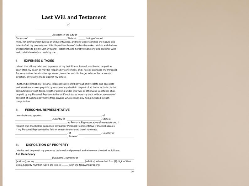 Last Will and Testament Template, Legal Document for Estate Planning ...