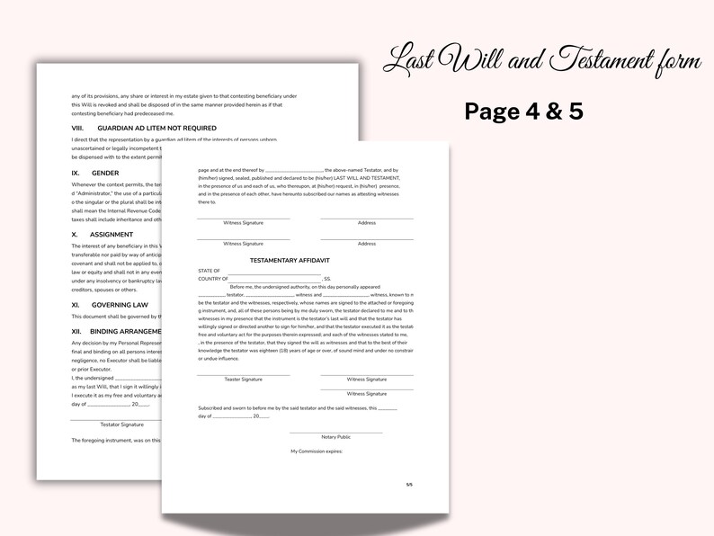 Last Will and Testament Template, Legal Document for Estate Planning ...