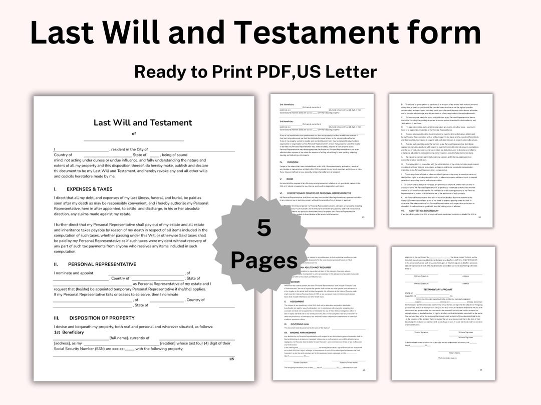 Last Will and Testament Form, Legal Will Template, Basic Testament ...