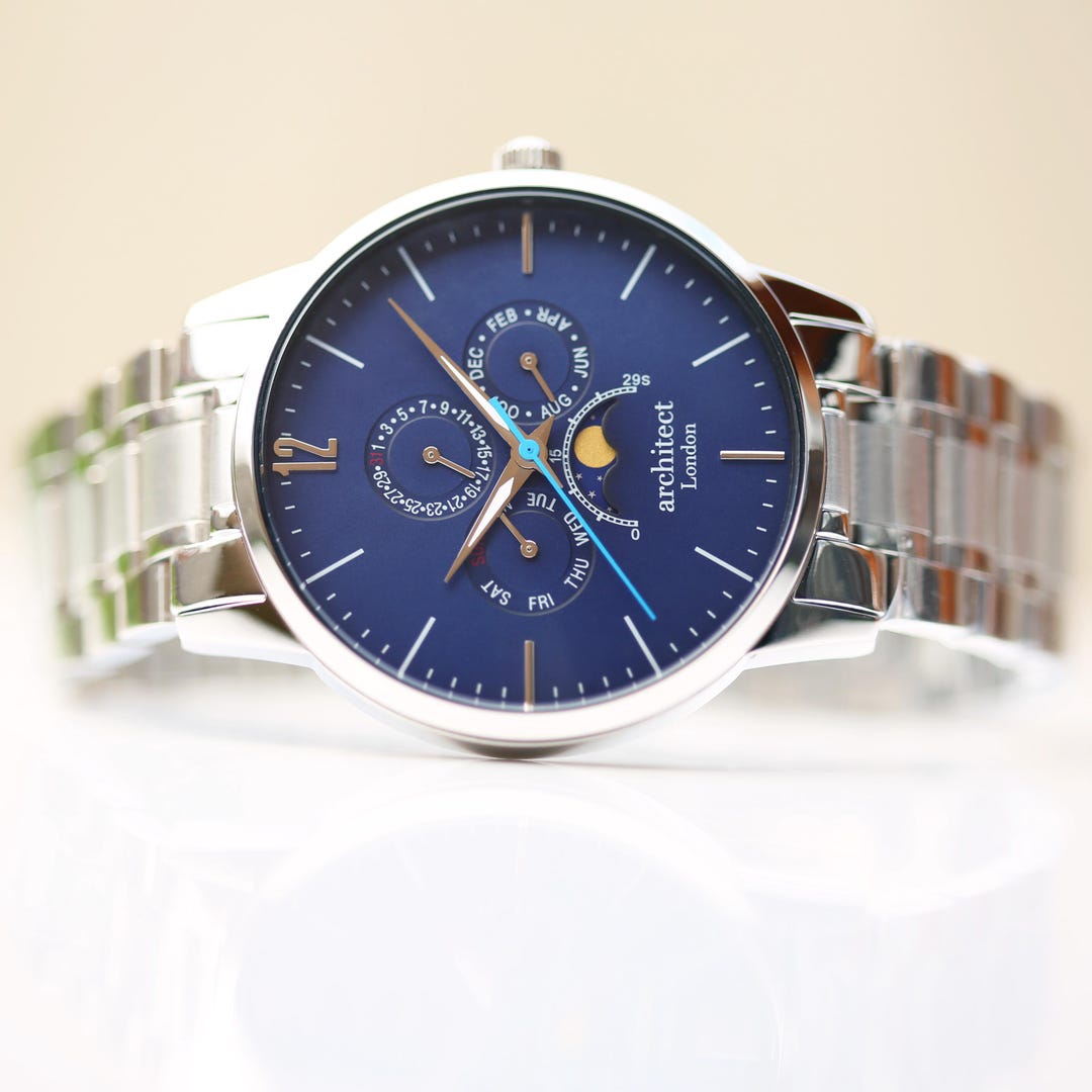 Engraved Handwritten Mens Apollo Blue Moonphase Watch | Executive ...