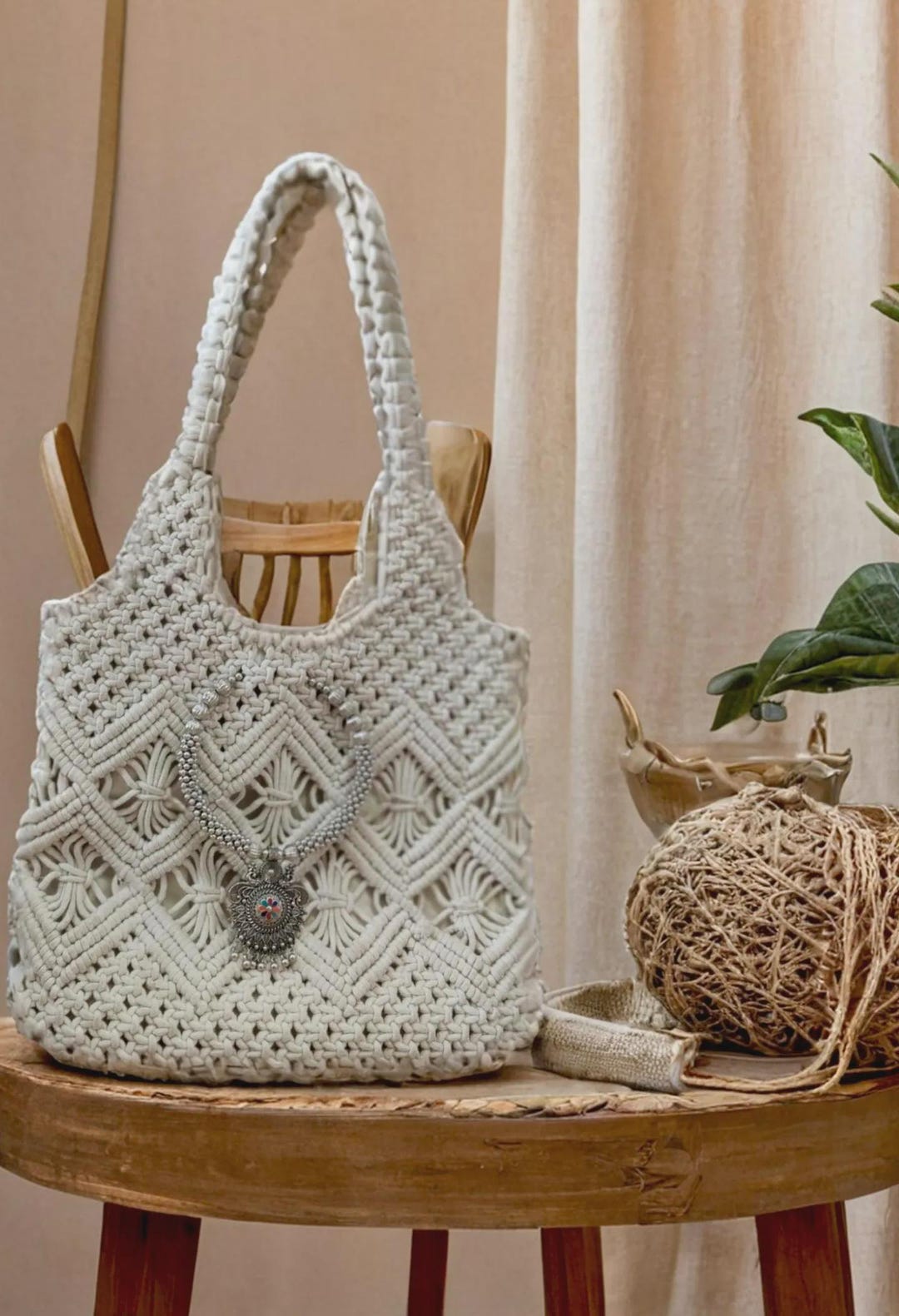 Boho Macrame Shoulder Bag With Vintage Accent – Handcrafted Handmade ...
