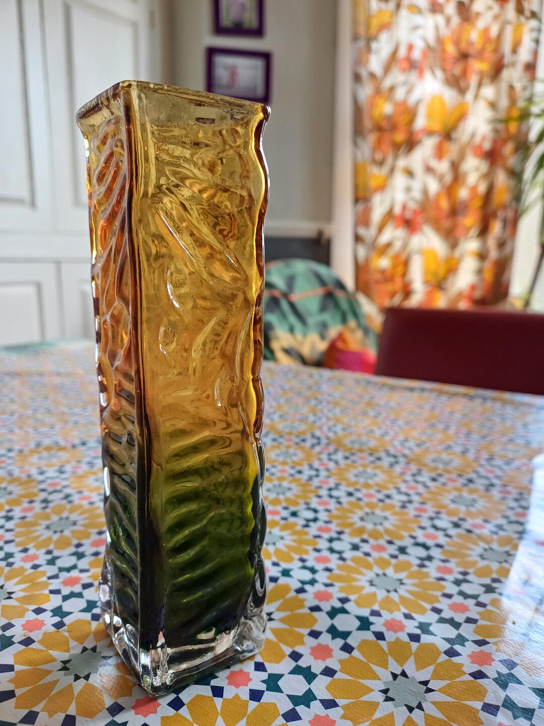 Vintage Tajima Art Glass Vase, Yellow to Green Ombre, Square Bark Glass ...