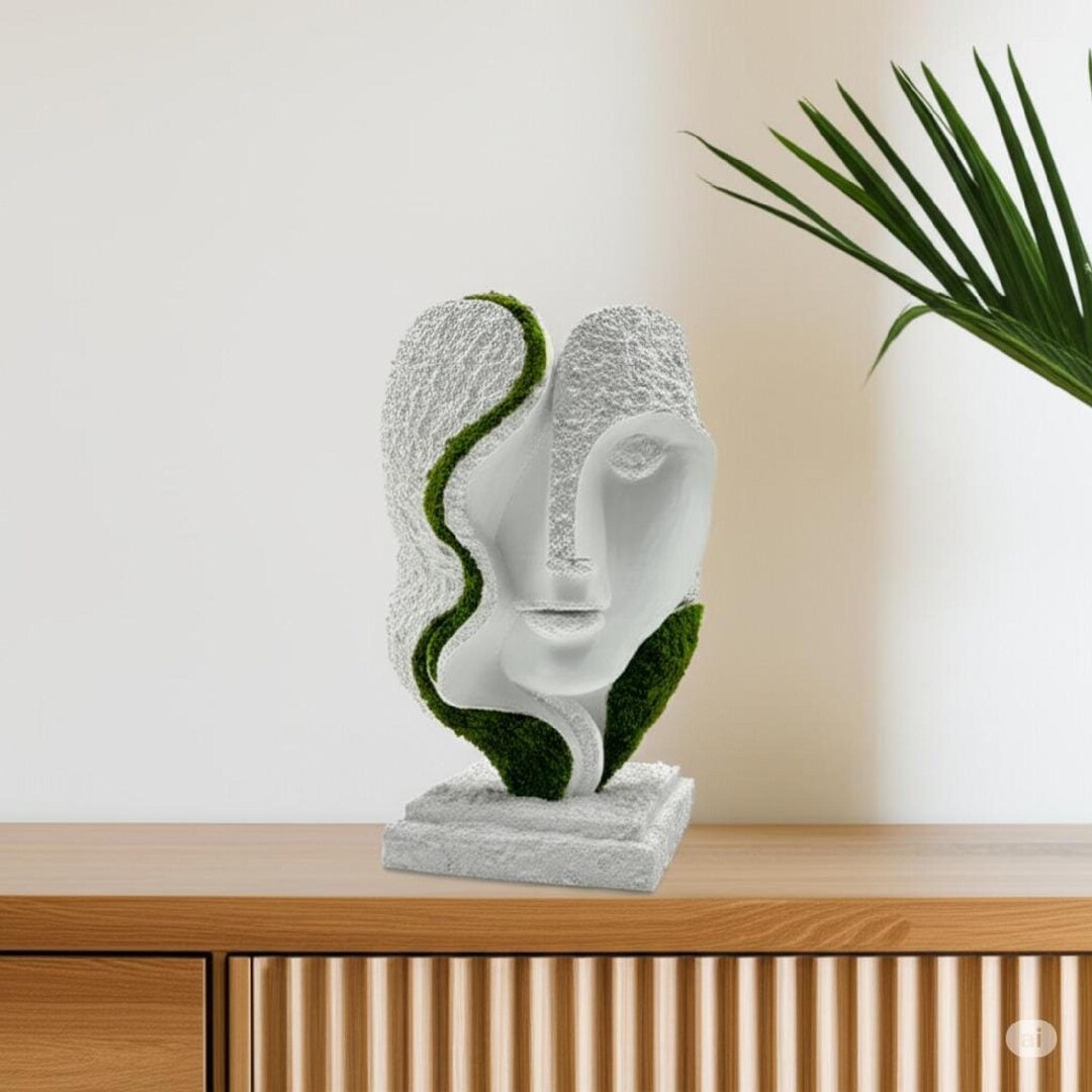 Moss Statue Decor, 3D Printed Abstract Face Bust 15x24 Cm With Real ...