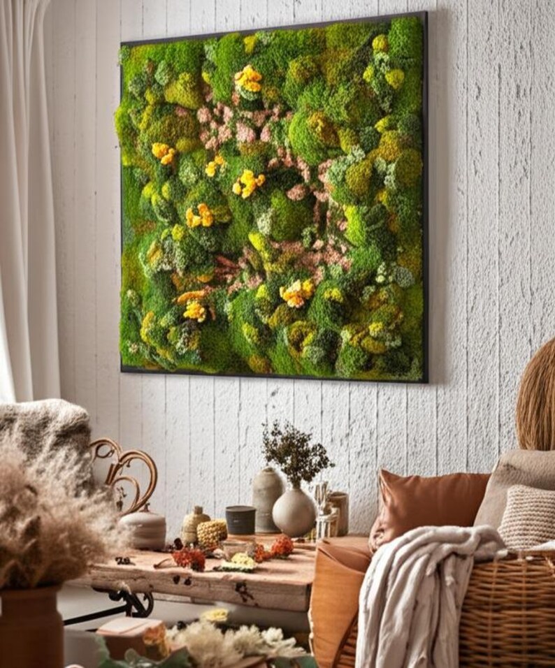 Large Rustic Moss Wall Art With Autumn Accents, 100x100cm Moss Wall Art ...