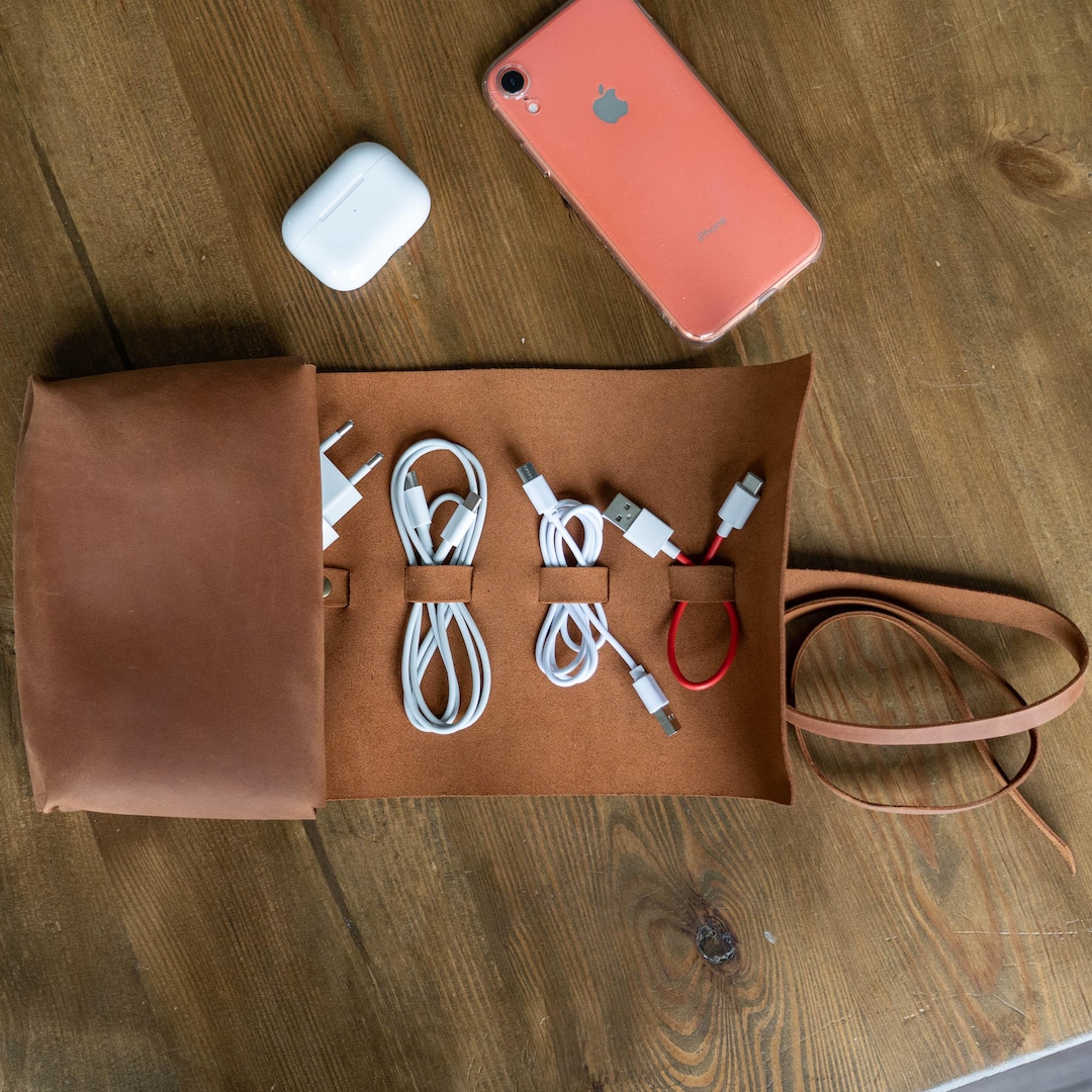 Leather Charger Roll Up, Travel Tech Organizer Personalized, Custom ...