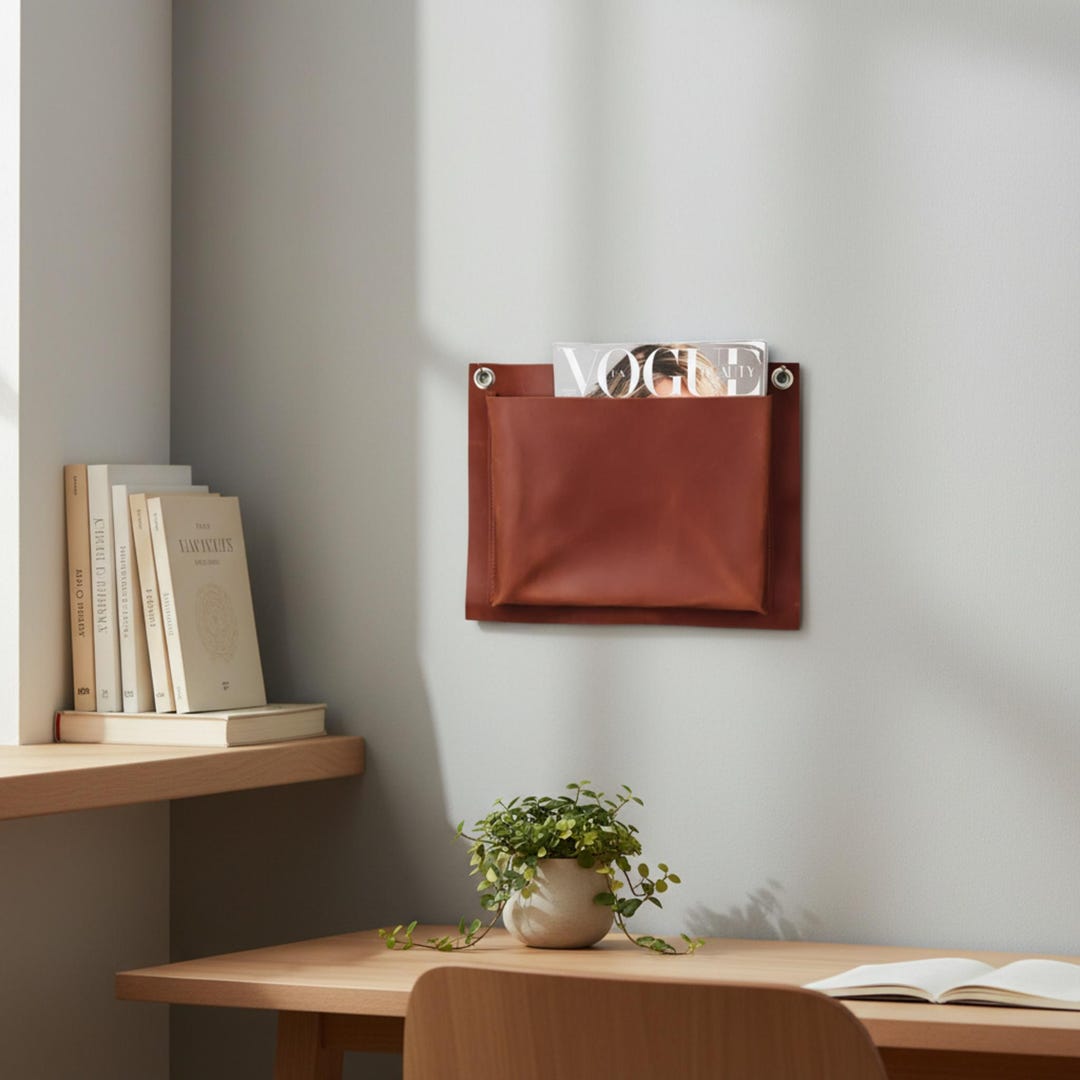 Custom Leather Wall Pocket, Leather Wall Magazine Holder, Wall Mail ...