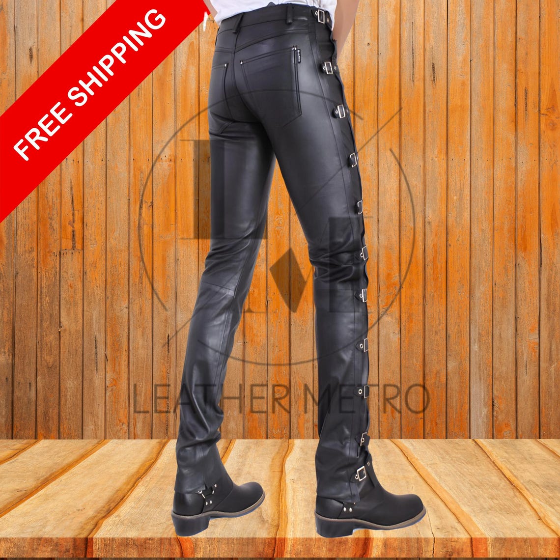 Handmade Cowhide Leather Pants: Buckle Accent, Slim Fit - Etsy