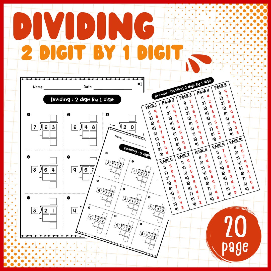 2 Digit by 1 Digit Long Division Worksheets (1 Digit Answer) - Etsy