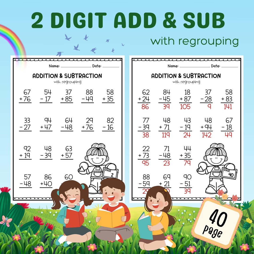 Two Digit Addition&subtraction Math Worksheets With Regrouping - Etsy