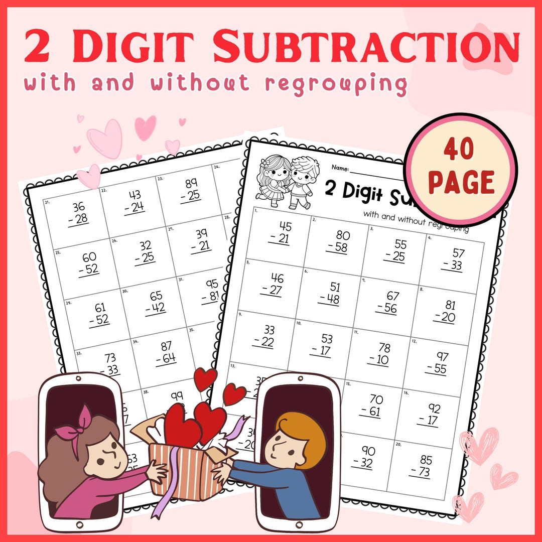 Valentine 2 Digit Subtraction Worksheet (with and Without Regrouping ...